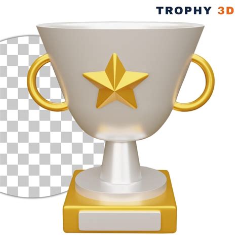 투명 배경에 흰색 별 아이콘이 있는 3d 은색 트로피 프리미엄 Psd 파일
