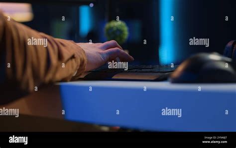 Focus On Computer Peripherals Used By Programmer To Write Lines Of Code On Pc Screen Close Up