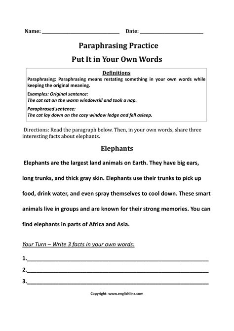 4th Grade Writing Worksheets Paraphrasing