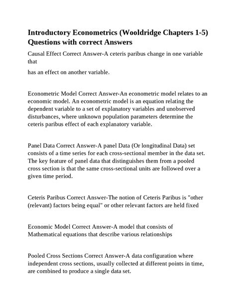 Introductory Econometrics Wooldridge Chapters 1 5 Questions With Correct Answers Exams