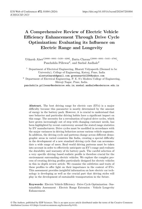 Pdf A Comprehensive Review Of Electric Vehicle Efficiency Enhancement Through Drive Cycle
