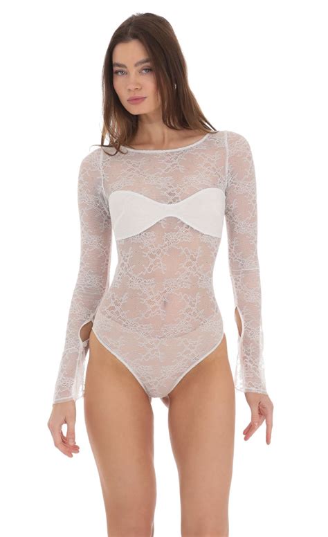 Long Sleeve Lace Bodysuit In White Lucy In The Sky