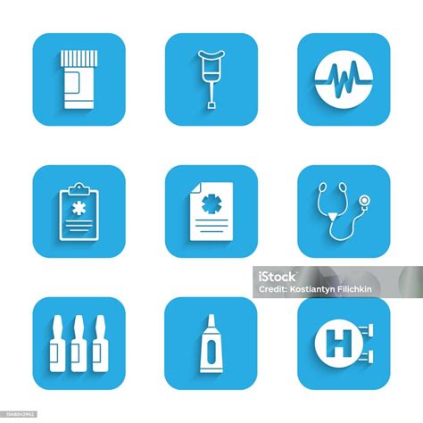 임상 기록 연고 크림 튜브 약 병원 간판 청진기 의료 바이알 앰플 심박수 및 약병 및 알약 아이콘을 설정합니다 벡터 0명에 대한 스톡 벡터 아트 및 기타 이미지 Istock