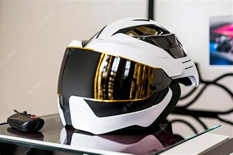Premium Photo Smart Helmet On The Table Virtual Reality Helmet A Technological Headgear