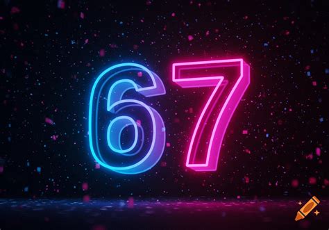 The Number 67 Rendered In Neon Blue And Pink Lights Against A Dark