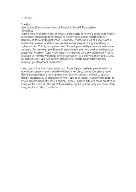 Stress Stress Question 1 Identify Five 5 Characteristics Of Type A