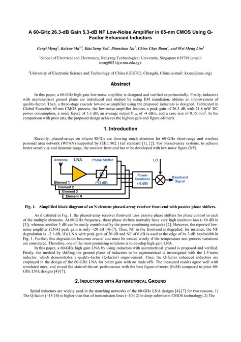 Pdf A 60ghz 263db Gain 53db Nf Low Noise Amplifier In 65nm Cmos Using Q Factor Enhanced