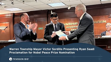 Warren Twp Mayor Victor Sordillo Presenting Ryan Saadi Proclamation For Nobel Peace Prize