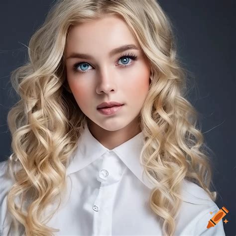 Young Woman With Blonde Curly Hair And Pale Skin In A White Shirt On