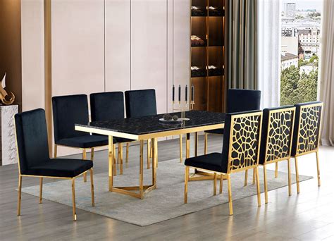 Opal Black Faux Marble Dining Table Gold Base