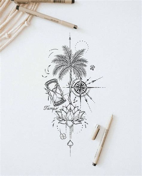 Palm Tree And Compass Tattoo Design
