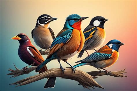 Vector Illustration Of A Group Of Colorful Birds Sitting On A Branch