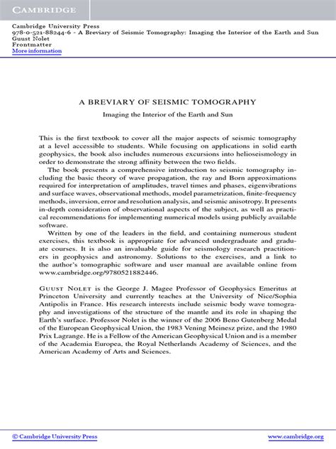 A Breviary Of Seismic Tomography Pdf Linear Elasticity Waves