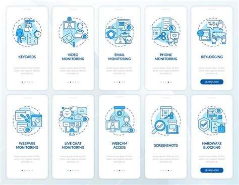 직원 모니터링 블루 온보딩 모바일 앱 페이지 화면 개념이 있는 작업 추적 연습 5단계 그래픽 지침 선형 컬러 일러스트레이션이 있는 Ui Ux Gui 벡터 템플릿