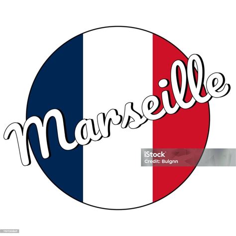 빨간색 흰색과 파란색 색상과 도시 이름의 비문 프랑스의 국기의 라운드 버튼 아이콘 현대적인 스타일의 마르세유 벡터 Eps10 그림입니다 0명에 대한 스톡 벡터 아트 및 기타