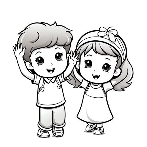 손을 흔들고 있는 귀여운 아이들 검은색과 색 트터 만화 그림 프리미엄 사진