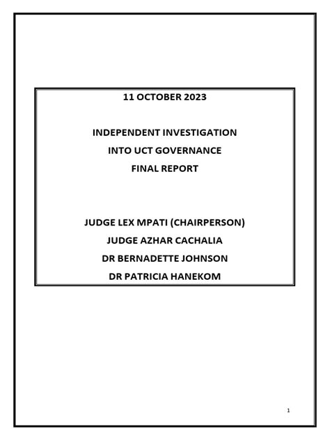Independent Investigation Into Uct Governance Final Report Pdf