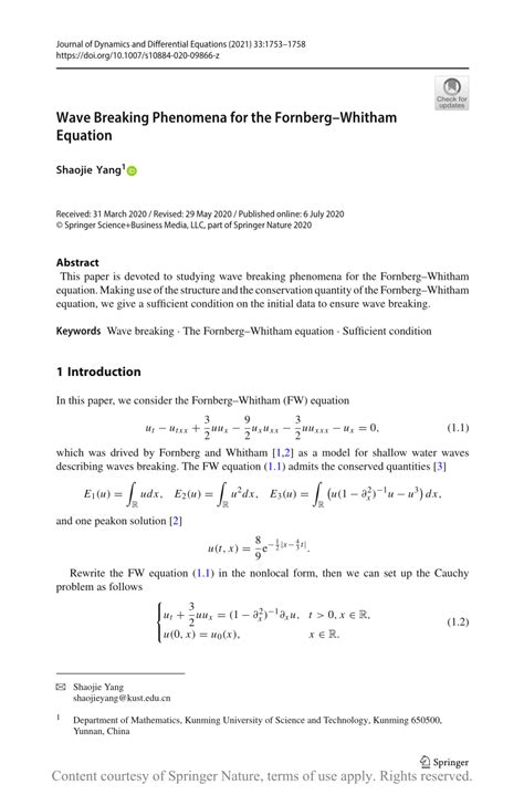 Wave Breaking Phenomena For The Fornberg Whitham Equation Request Pdf