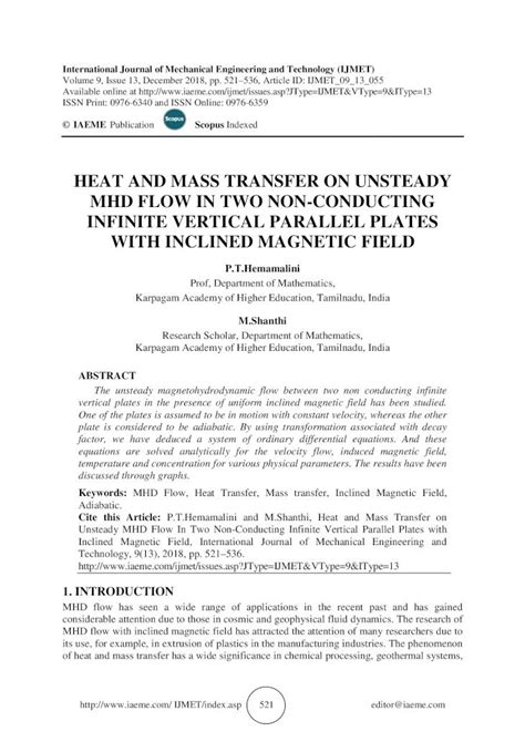 Pdf Heat And Mass Transfer On Unsteady Mhd Flow In Two · Magnetic