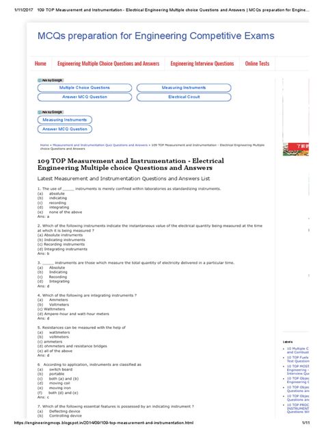 109 Top Measurement And Instrumentation Electrical Engineering Multiple Choice Questions And