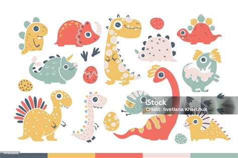 디노 베이비 세트 심플하고 유치한 손으로 그린 스타일의 귀여운 다채로운 공룡 컬렉션 트렌디한 파스텔 성 중립 팔레트의 흰색 배경에 격리된 벡터 문자 공룡에 대한 스톡 벡터