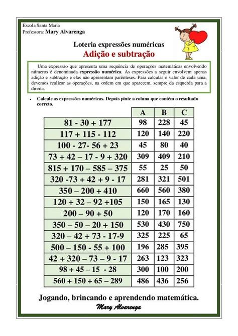 Loteria Expressão Numérica Adição E Subtração Pdf Expressões Numericas Adição E Subtração