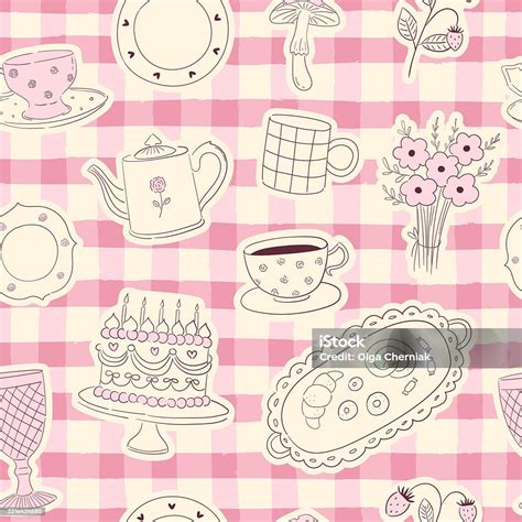 완벽 한 벡터 깅엄 패턴 찻 주전자 컵 케이크 꽃과 핑크 색상 기발한 음식과 함께 부드러운 시골 바둑판 무늬 배경 깅엄에 대한 스톡 벡터 아트 및 기타 이미지 Istock