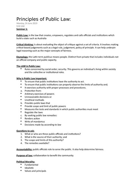 Public Law Lecture Notes 1 10 Principles Of Public Law Monday 24 June 2019 9 02 Am Seminar