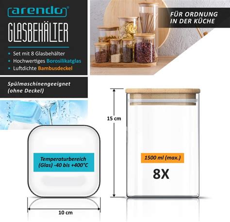 Arendo 8x 15 L Vorratsgläser Glasbehälter 8er Set Borosilikatglas