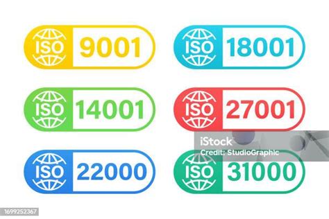 국제 표준화기구 스탬프 27001 22000 18001 9001 14001 세트 대중적인 표준 Iso의 집합 관리 시스템 인증 기호 벡터 그림 로고에 대한 스톡 벡터 아트