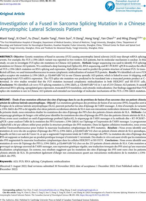 Investigation Of A Fused In Sarcoma Splicing Mutation In A Chinese Amyotrophic Lateral Sclerosis