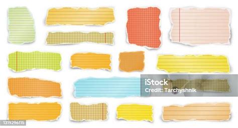 찢어진 다채로운 종이 스트립 찢어진 가장자리가있는 현실적인 구겨진 종이 스크랩 노트북 페이지의 줄 지어 조각 벡터 일러스트레이션 0명에 대한 스톡 벡터 아트 및 기타 이미지