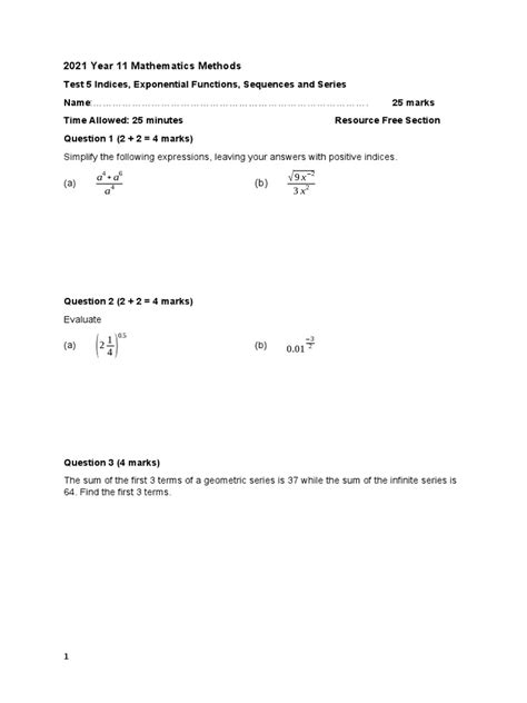 11 Methods Test 5 Indices Exponential Functions Sequences And Series
