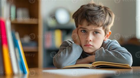 Un Joven Chico Mira Frustrado Mientras Estudiando A Un Escritorio