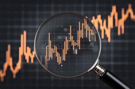 Magnifying Glass Over Orange Line Graph Highlighting Data Significance In Dark Setting Stock