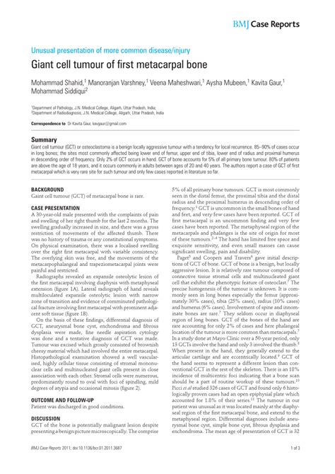 Pdf Giant Cell Tumour Of First Metacarpal Bone