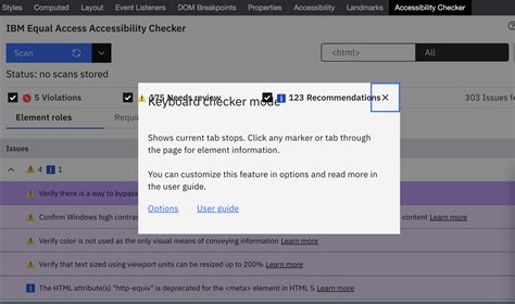 BUG Keyboard Checker Mode Popup Is Not Showing Correctly Issue IBMa Equal Access
