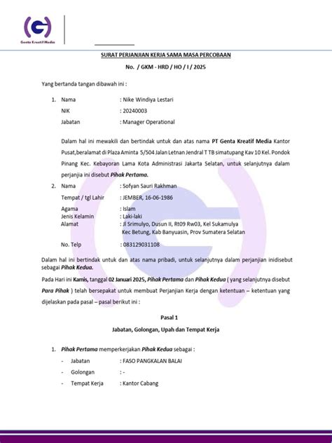 Surat Perjanjian Kerja Karyawan Percobaan Sofyan Sauri Rakhman Faso Pangkalan Balai Pdf