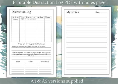 Printable Distraction Log Adhd Tracker Pdf A4 And A5 Etsy