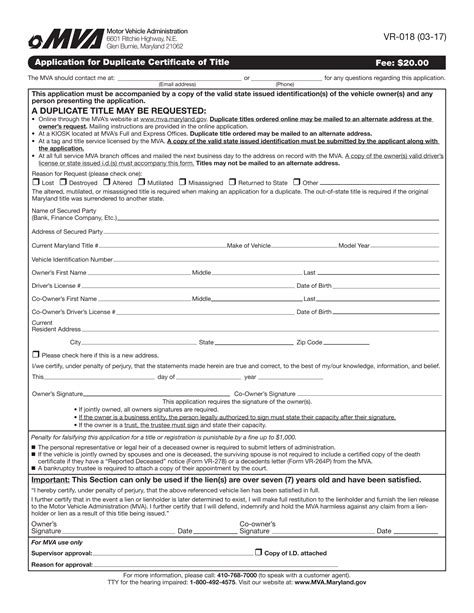 Md Mva Form Vr Application For Duplicate Certificate Of Title Forms Docs