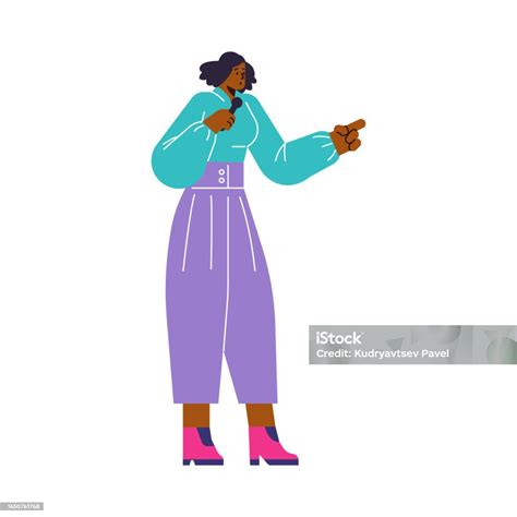 여자는 마이크에 대고 말하고 하얀 배경에 고립된 평면 벡터 삽화를 그렸다 발표 세미나 또는 강의에서 연사 비즈니스 훈련 및 교육 개념 가리키기에 대한 스톡 벡터 아트 및