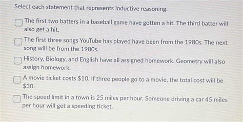 solved select each statement that represents inductive reasoning the
