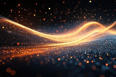 Abstract Glowing Orange Wave With Sparkling Particles On Dark Background Concept For Energy