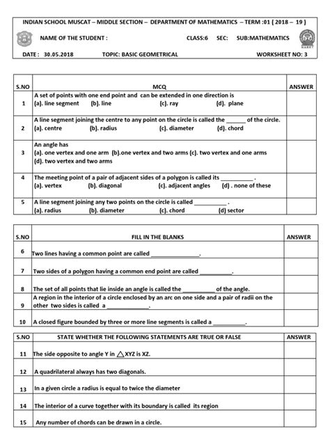 Class 6 Maths Worksheet On Basic Geometrical Ideas Pdf Circle