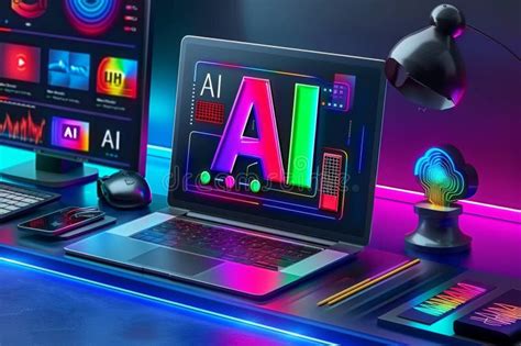 Ai Workspace With Neon Computer Futuristic Technology High Tech