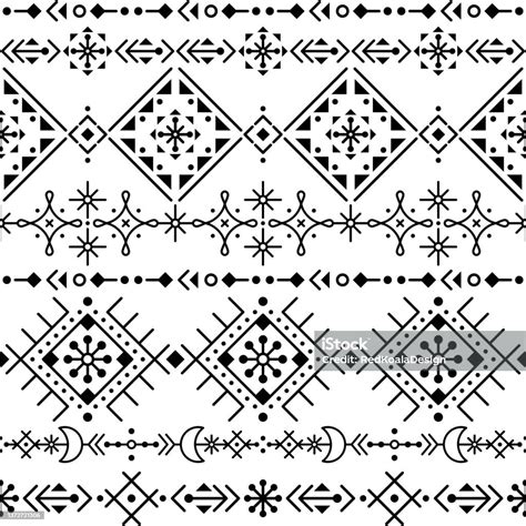 기하학적 아이슬란드의 룬 스타일 부족 또는 네오부족 라인 아트 벡터와 원활한 패턴 구식 바이킹 룬 아트에서 영감을 받은 직물 또는 패브릭 프린트 디자인 세트 검은색에 대한