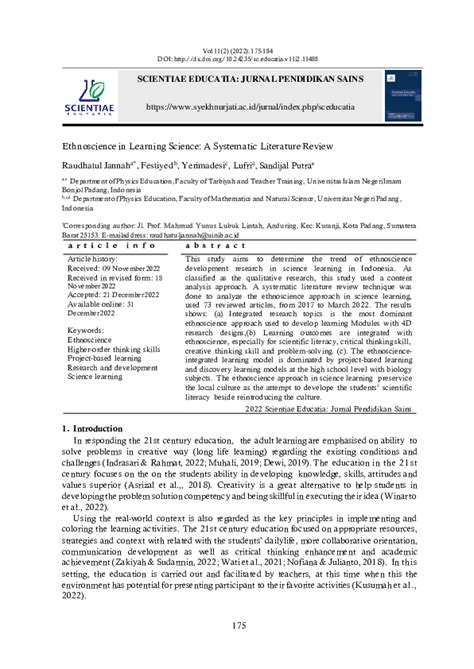 Pdf Ethnoscience In Learning Science A Systematic Literature Review