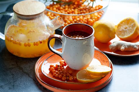 바다 갈매 나무 차 차 열매 및 레몬이 들어간 정물 컵 오렌지 바다 갈매 나무 음료 주스 가을 분위기 가을에 대한 스톡 사진 및 기타 이미지 Istock