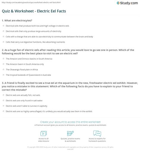 Quiz And Worksheet Electric Eel Facts