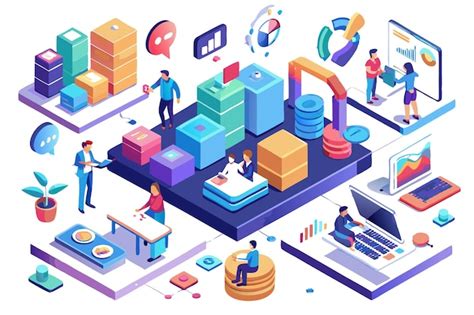Isometric Illustration Of Business People Working On Data Analytics Charts And Graphs Premium